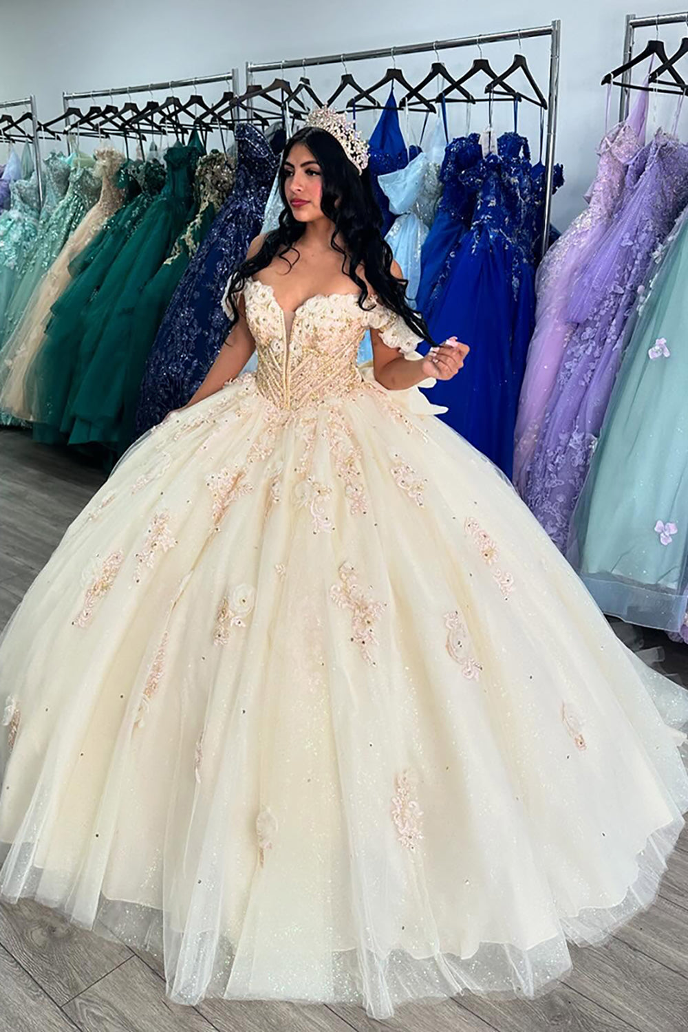 Sparkly Beige Off the Shoulder Ball Gown Applique Corset Quinceanera ...